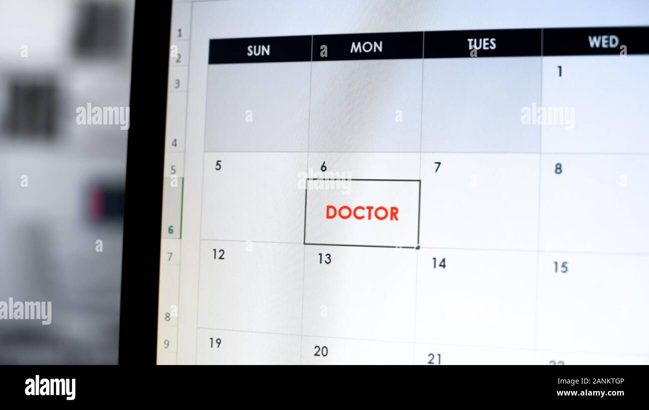Doctor note in online calendar on pc screen, health care, organizer ...