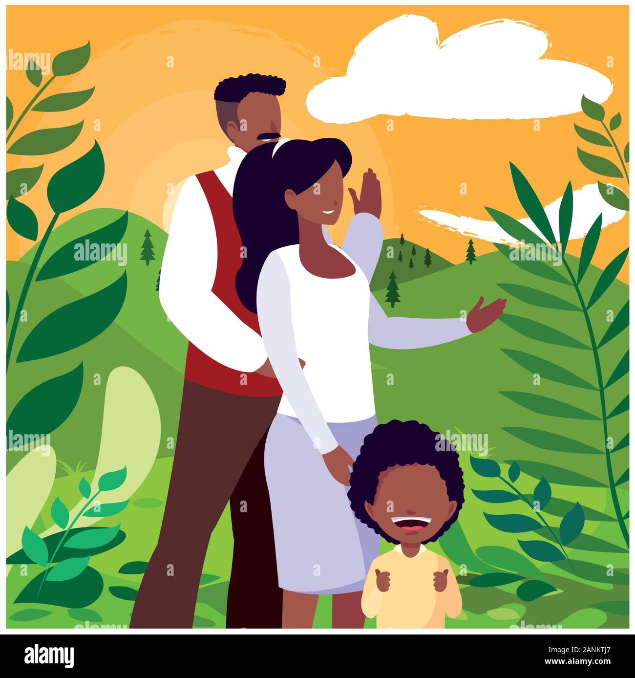 parents with son walking in the park together vector illustration ...