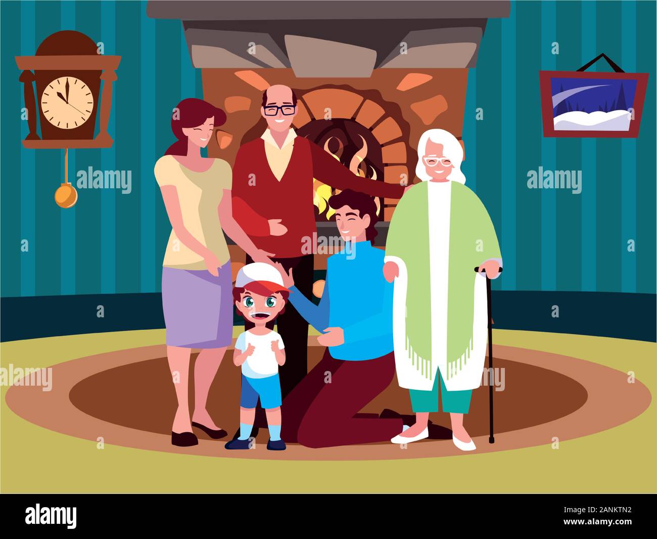 big family together in living room, three generations vector ...