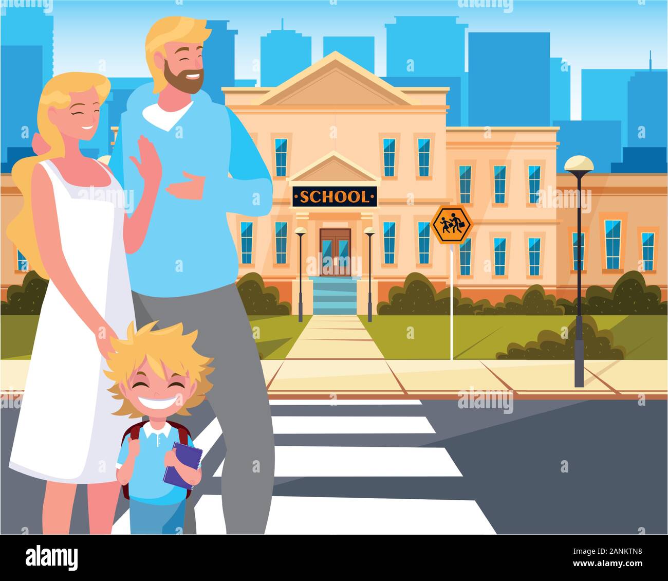 parents with her student son back to school vector illustration design ...