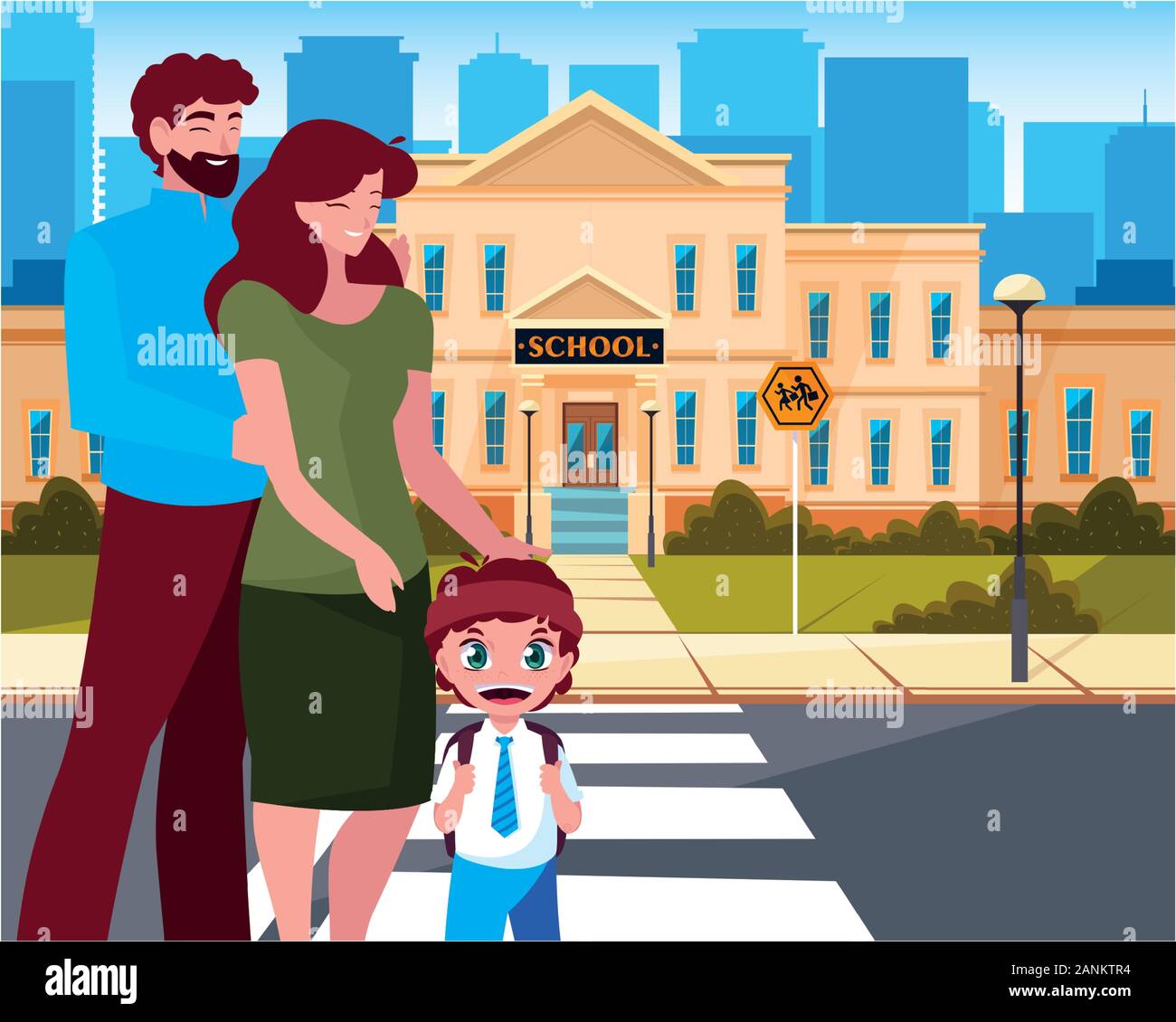 parents with her student son back to school vector illustration design ...