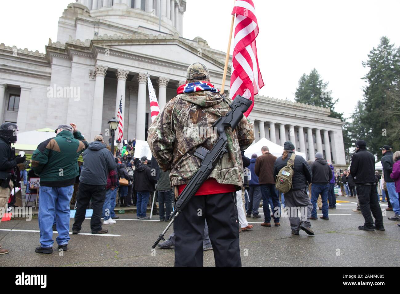 Olympia, Washington, USA. 17th Jan, 2020. An attendee with a assault ...
