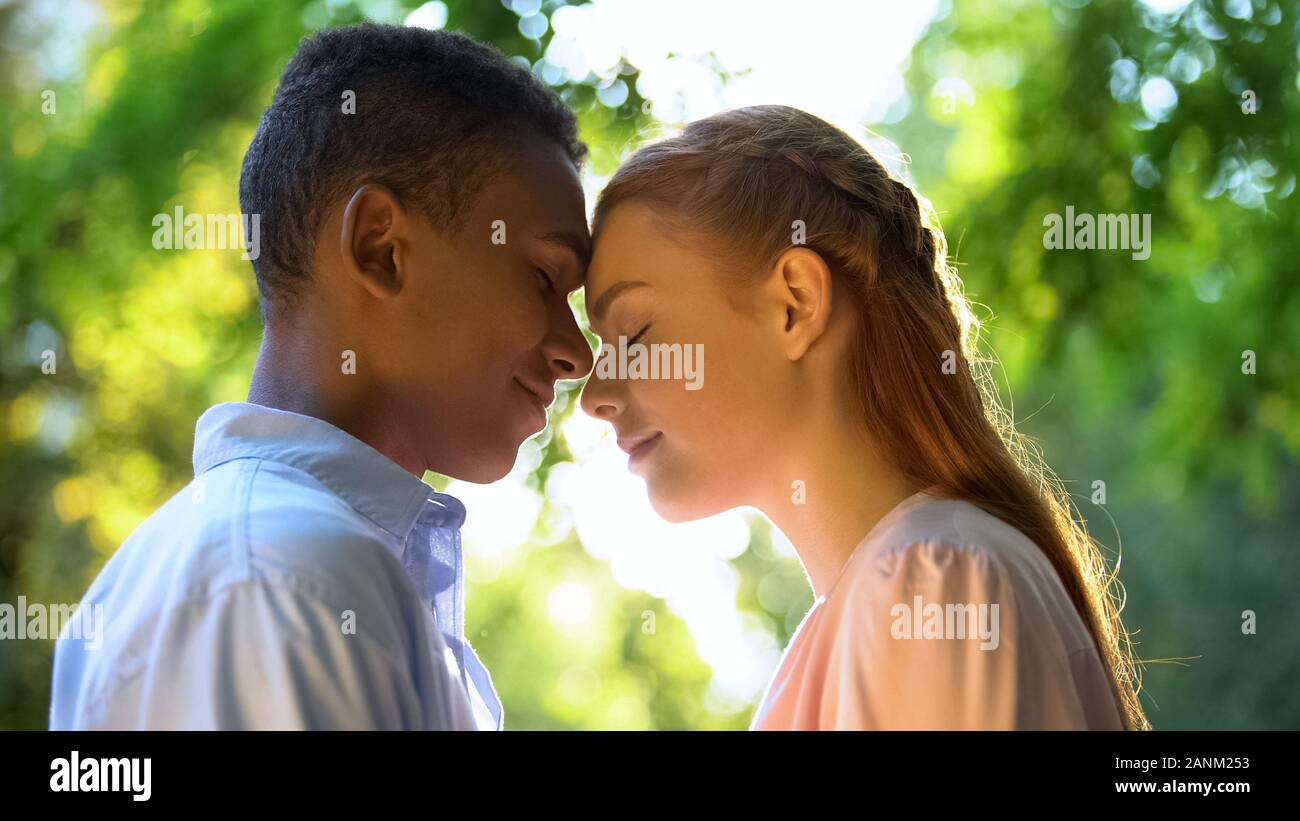 Sweet teenage couple touching foreheads at sunny day park, first ...