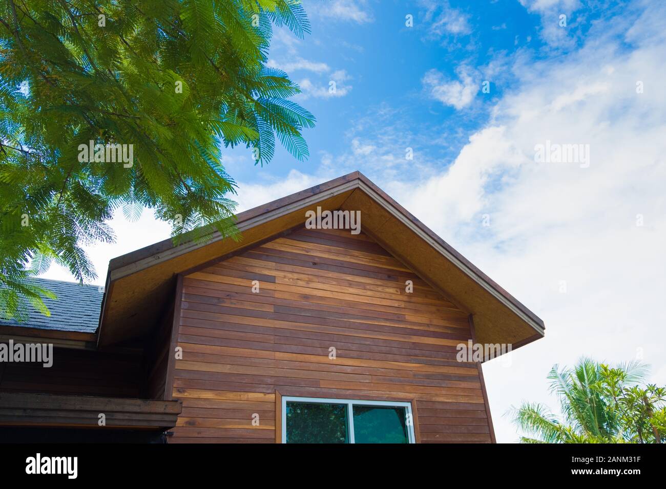 Roof of the house with green tree, blue sky and cloud. building with ...