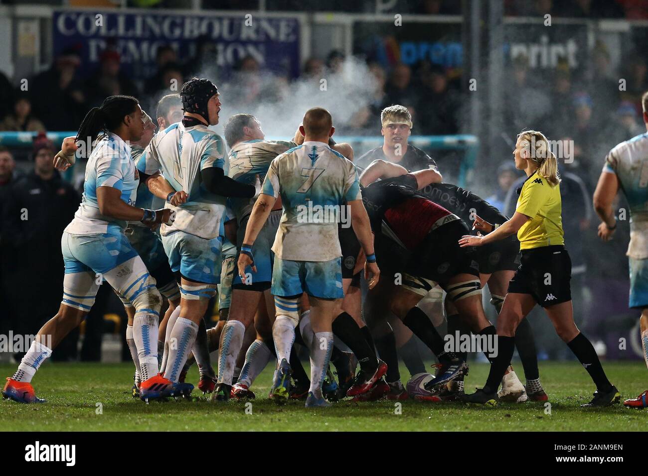 Newport, UK. 17th Jan, 2020. Female referee Joy Neville of Ireland (r ...