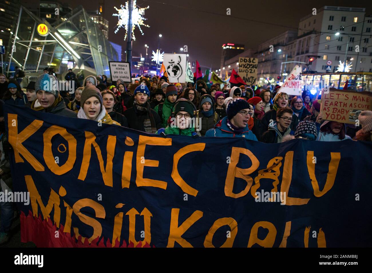 Warsaw, Poland. 17th Jan, 2020. Protesters hold placards and a banner ...