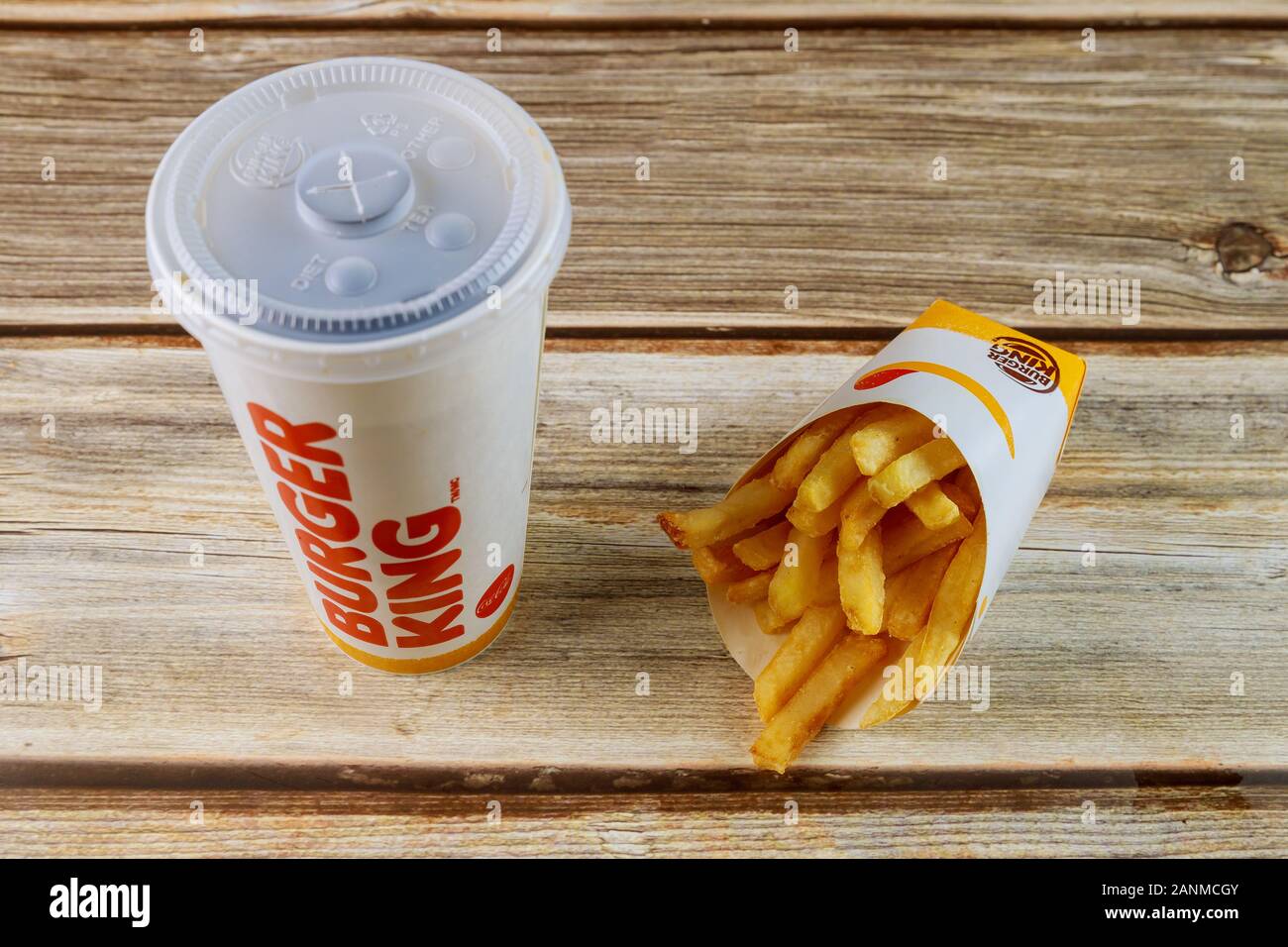 17 January 2020 Chicago IL: Burger King Cola cup with potato french ...
