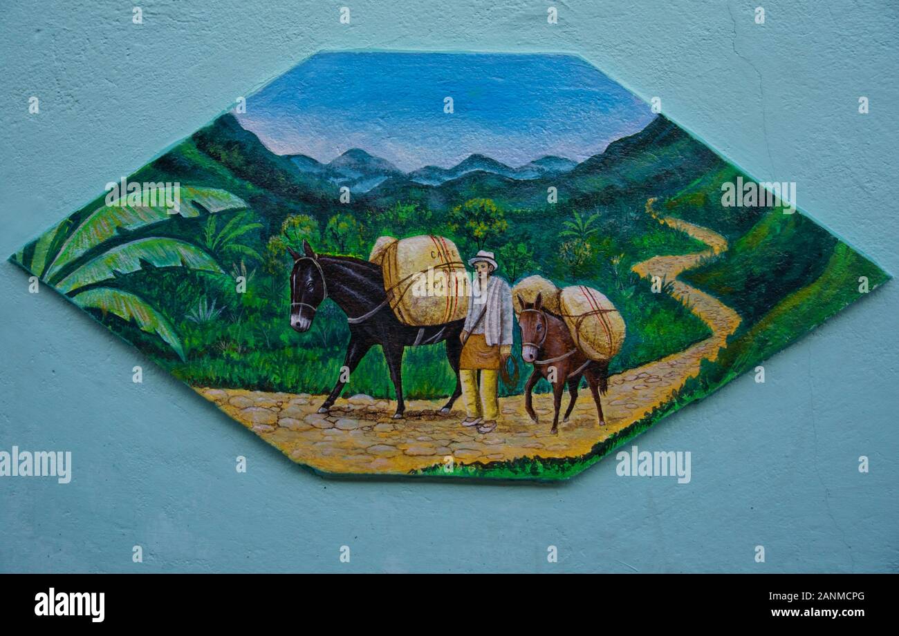 Guatape Mural Donkeys carrying load with farmer Stock Photo - Alamy