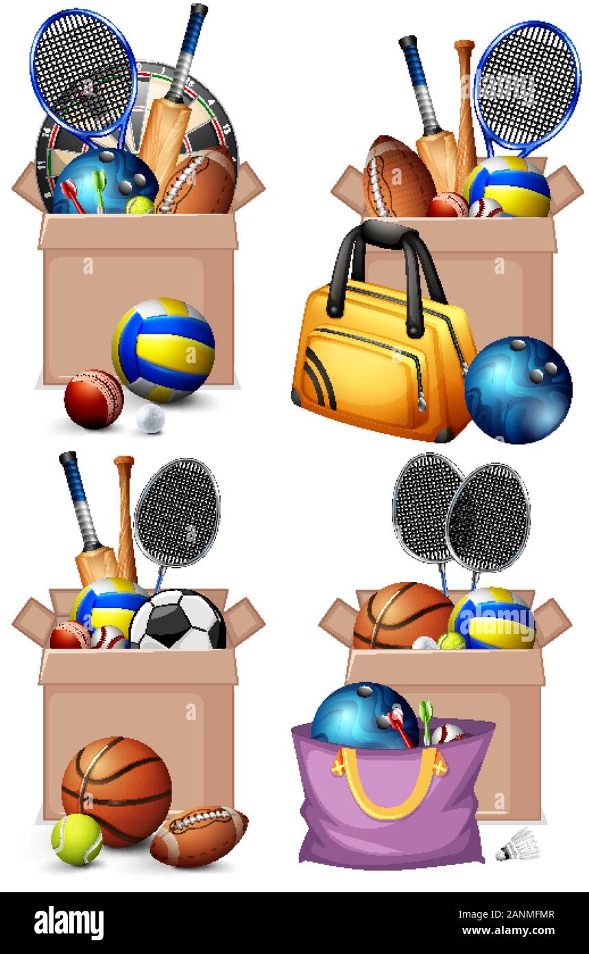 Set of boxes full of sport equipments on white background illustration ...