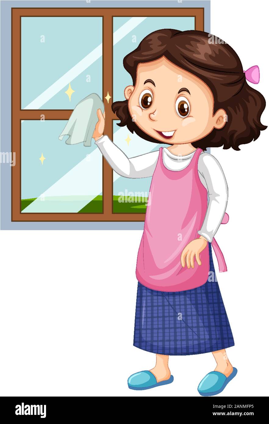 Girl cleaning window on white background illustration Stock Vector ...