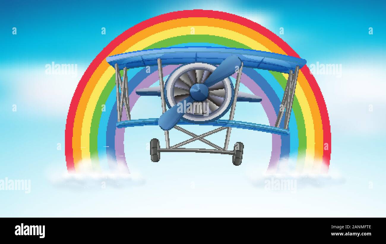 Airplane flying in the sky with rainbow background illustration Stock ...
