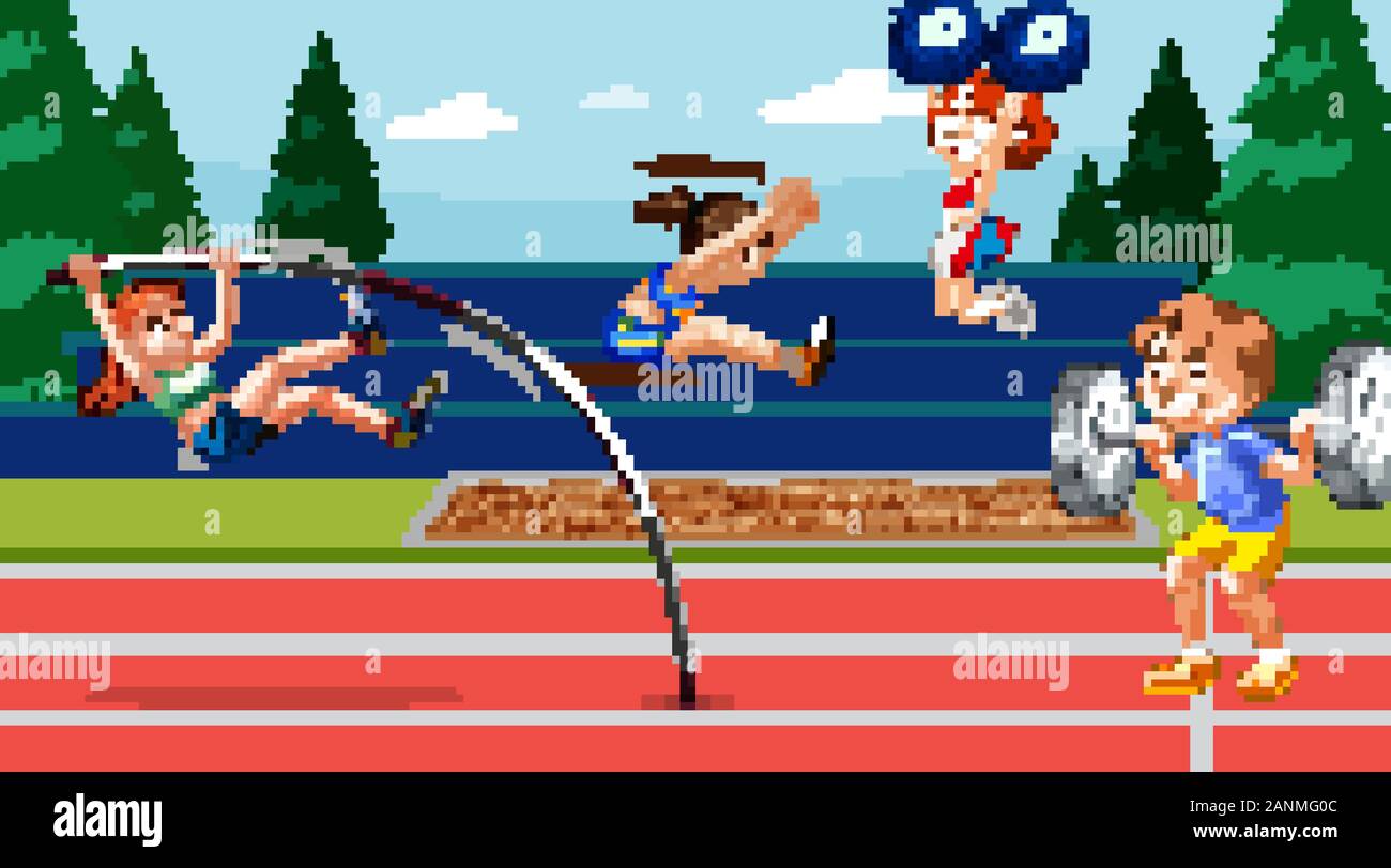 Background scene with athletes doing track and field events ...