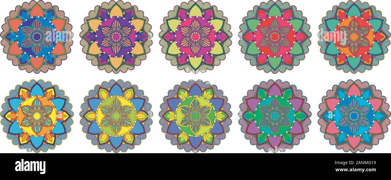Set of mandalas patterns in many colors illustration Stock Vector Image ...