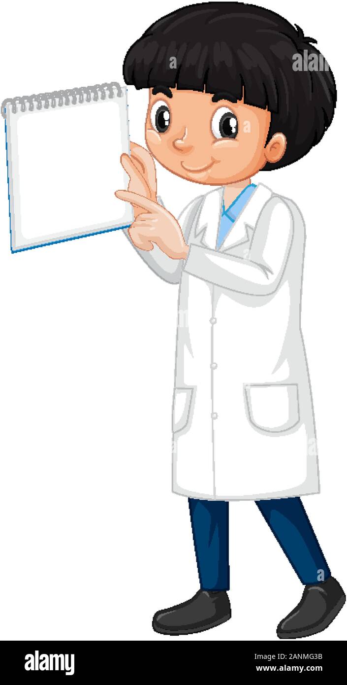 Boy in lab gown with notebook on white background illustration Stock ...