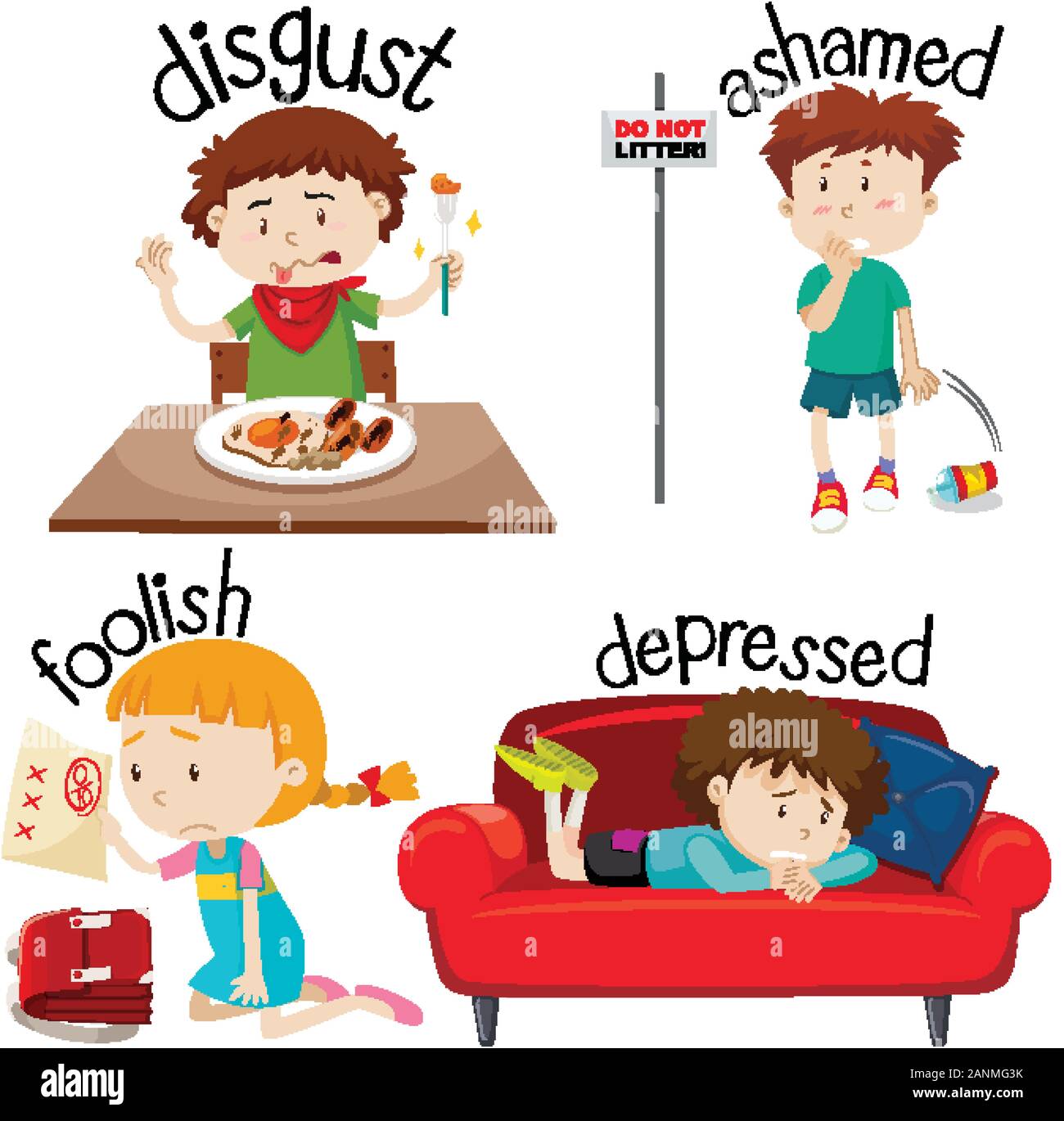 Set of children expressing feelings with adjective words illustration ...