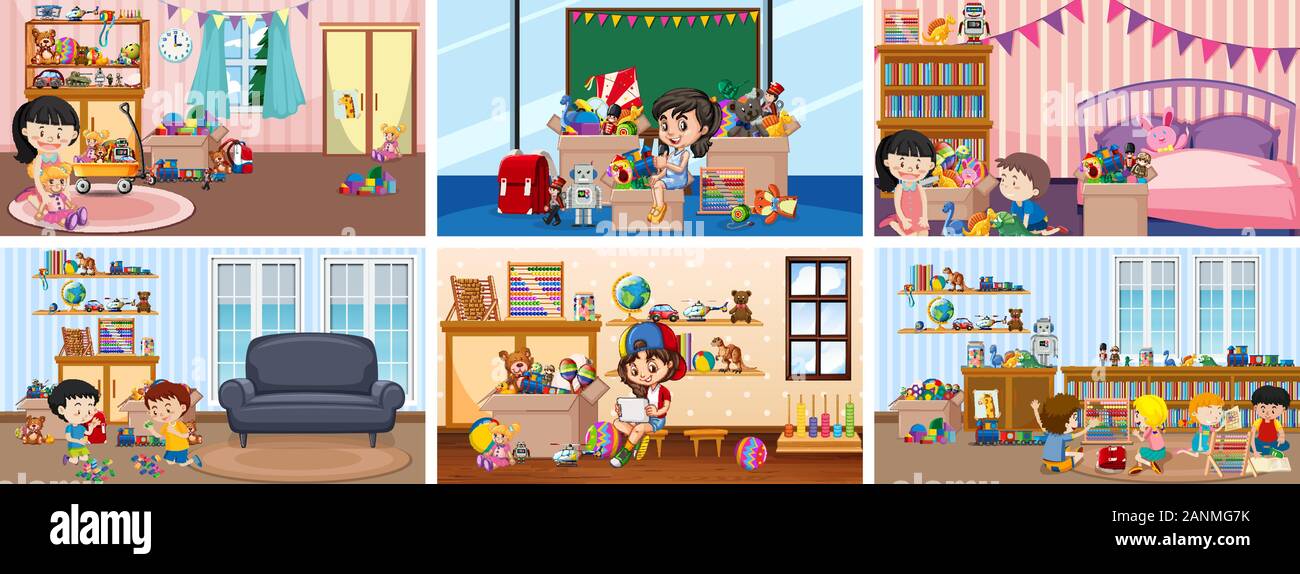Six scenes with children doing activities in different rooms ...