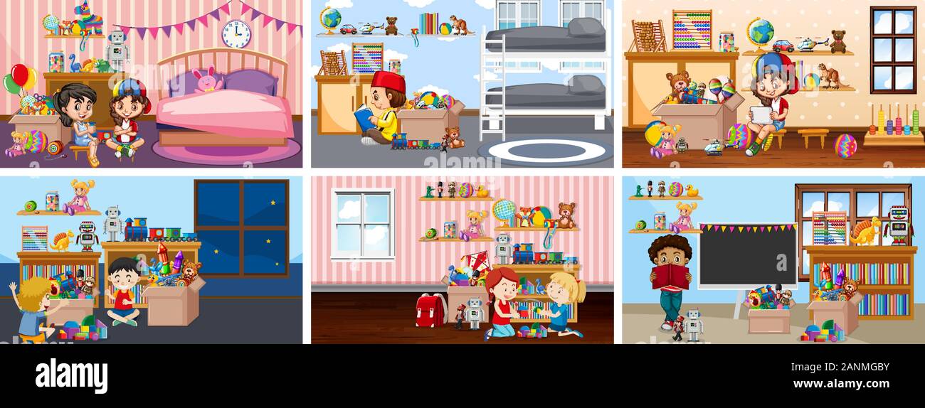 Six scenes with children doing activities in different rooms ...