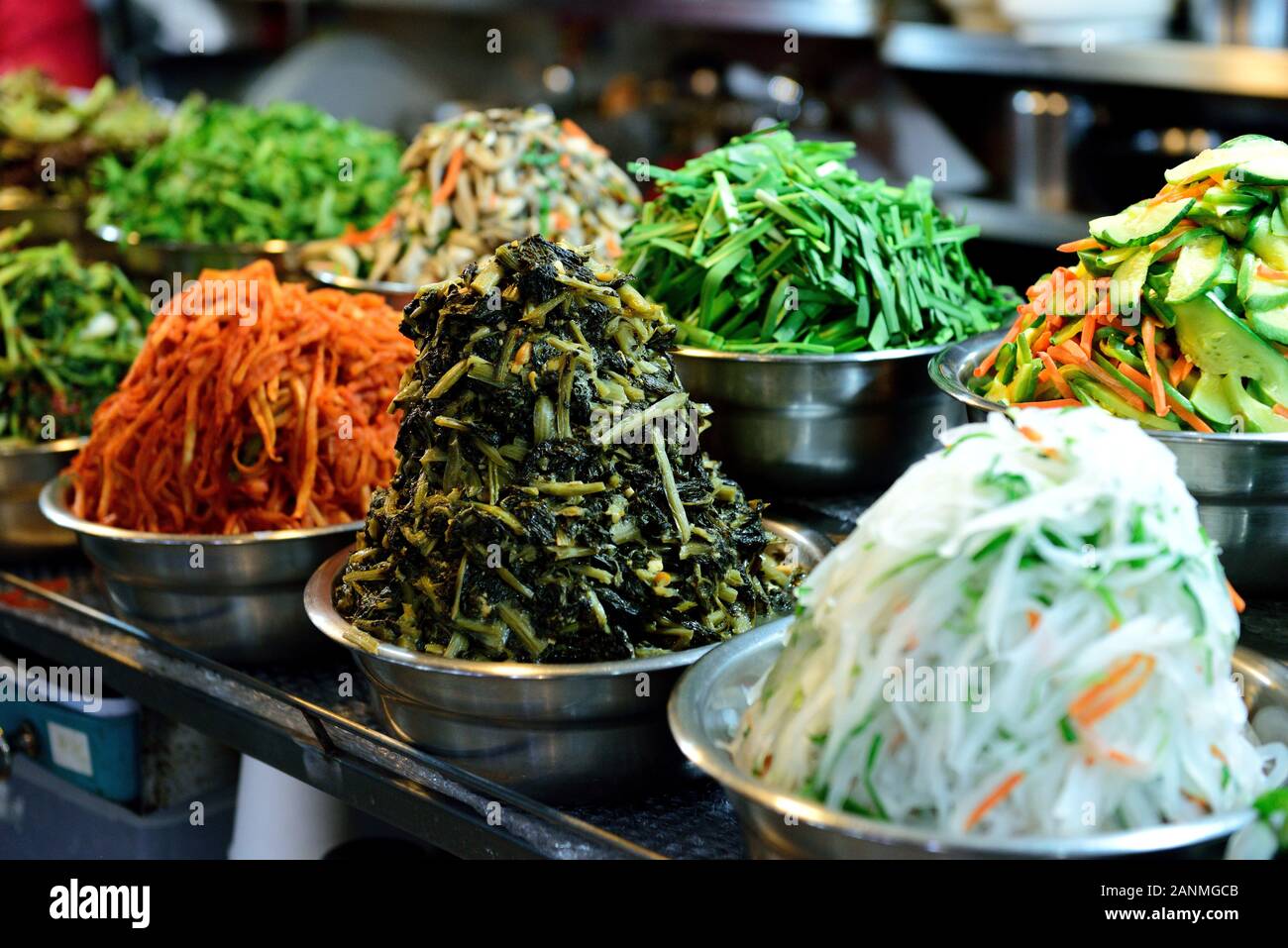 Bowls of traditional Korean cooking vegetables and ingredients in Seoul ...