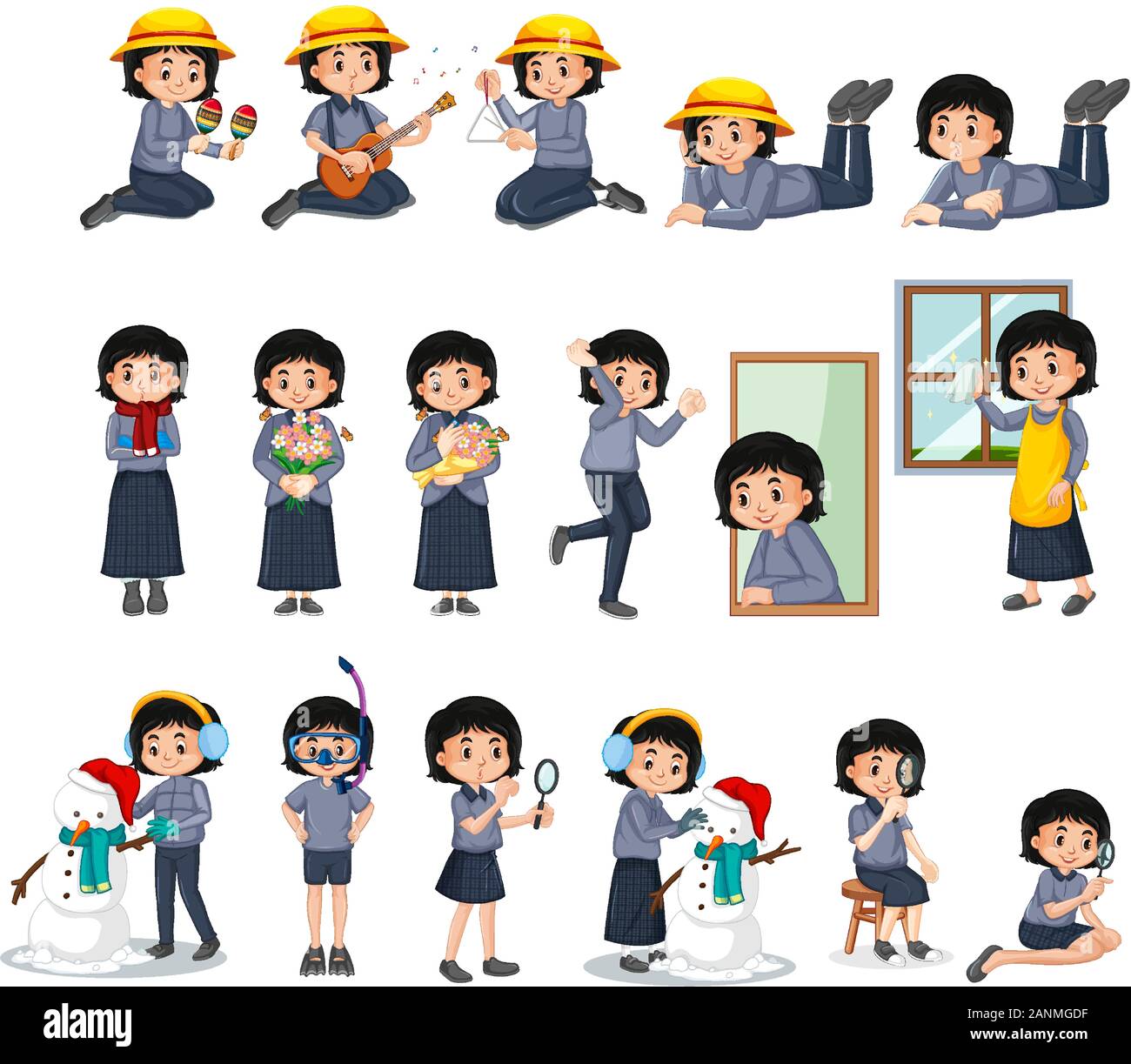 Set of girl doing different activities on white background illustration ...