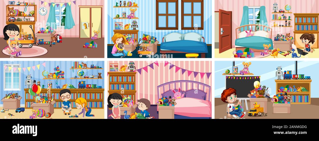 Six scenes with children doing activities in different rooms ...