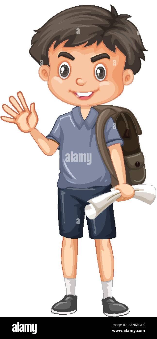 Cute boy with paper and backpack on white background illustration Stock ...
