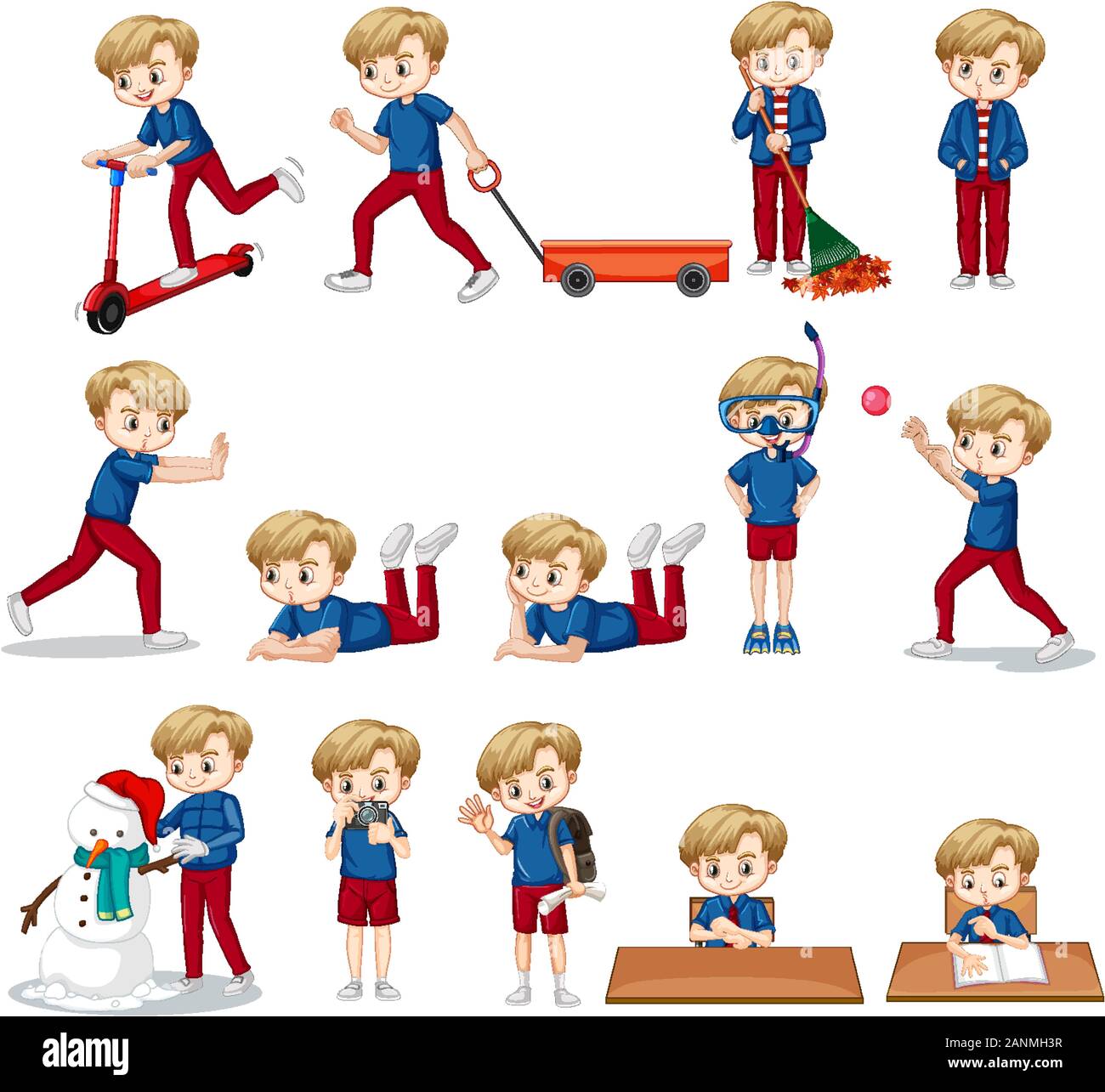 Set of cute boy in blue shirt doing different activities illustration ...