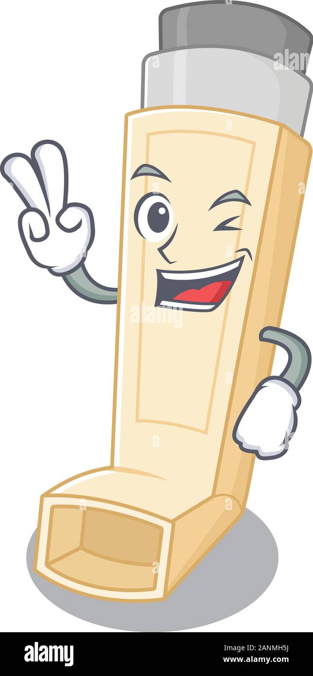 Smiley mascot of asthma inhaler cartoon Character with two fingers ...