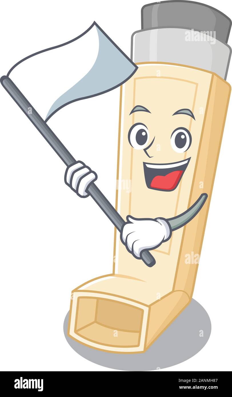 Funny asthma inhaler cartoon character style holding a standing flag ...