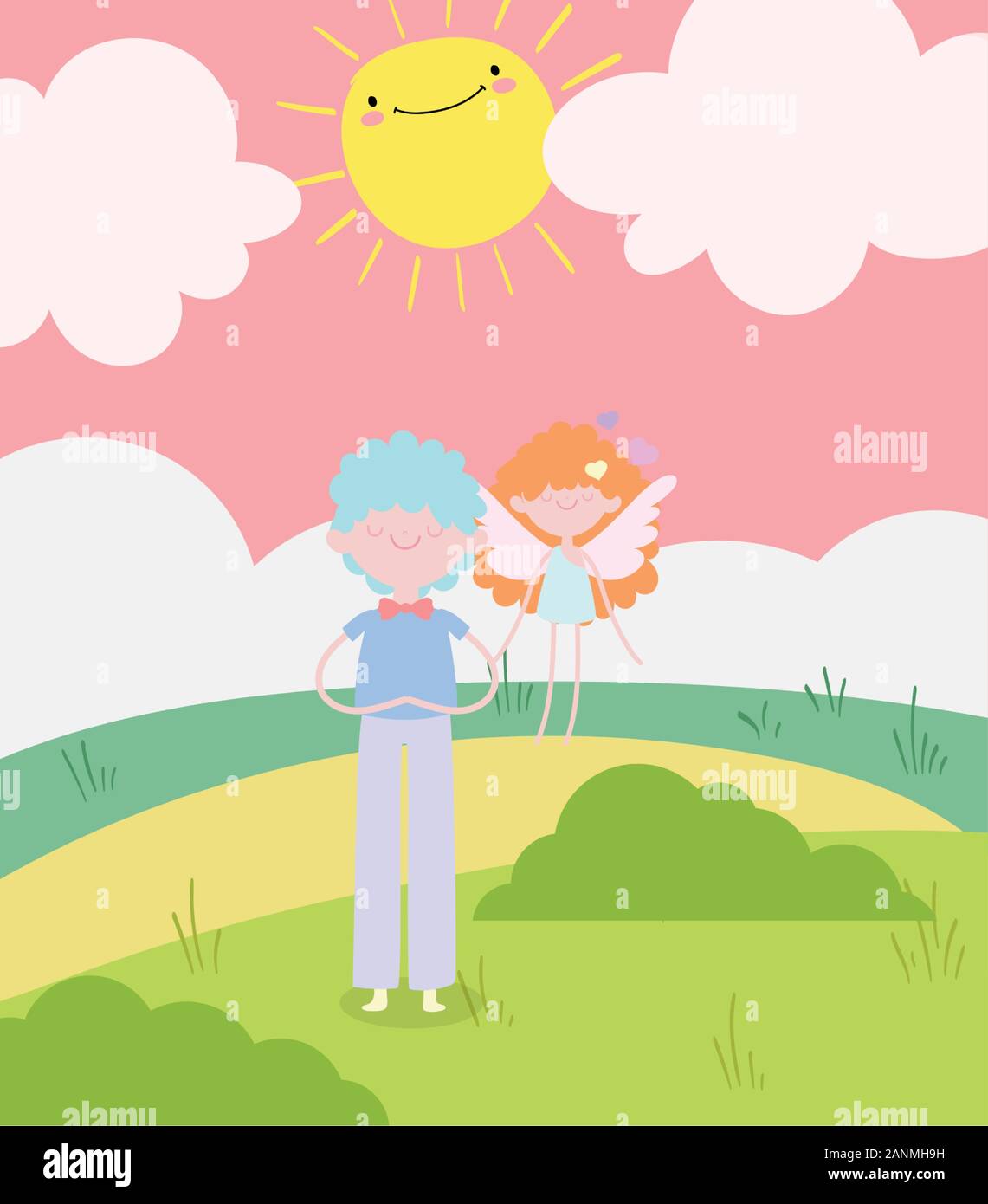 happy valentines day, young man and little flying cupid landscape ...