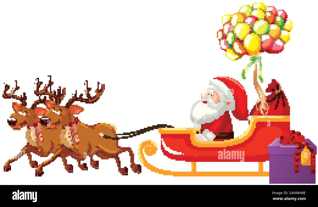 Santa Claus riding on sleigh with colorful balloons illustration Stock ...