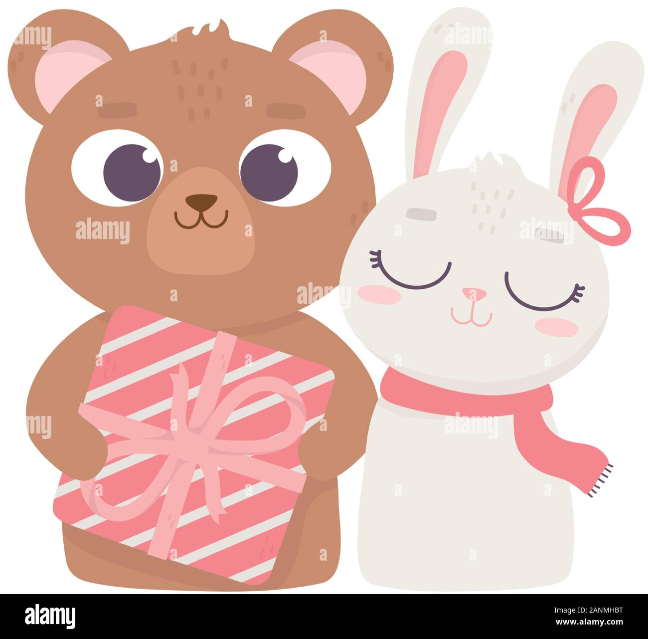 happy valentines day, cute bear with gift and rabbit romantic love ...
