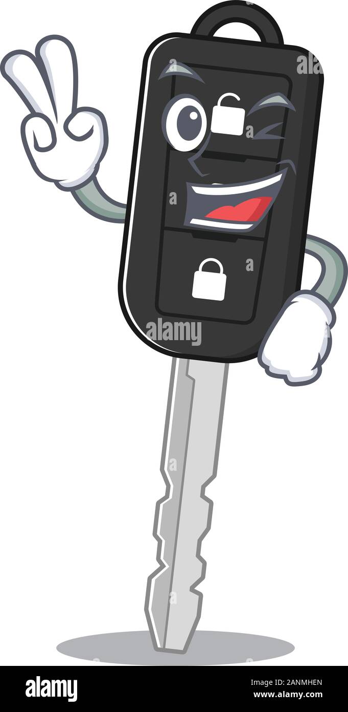 Smiley mascot of car key cartoon Character with two fingers Stock ...