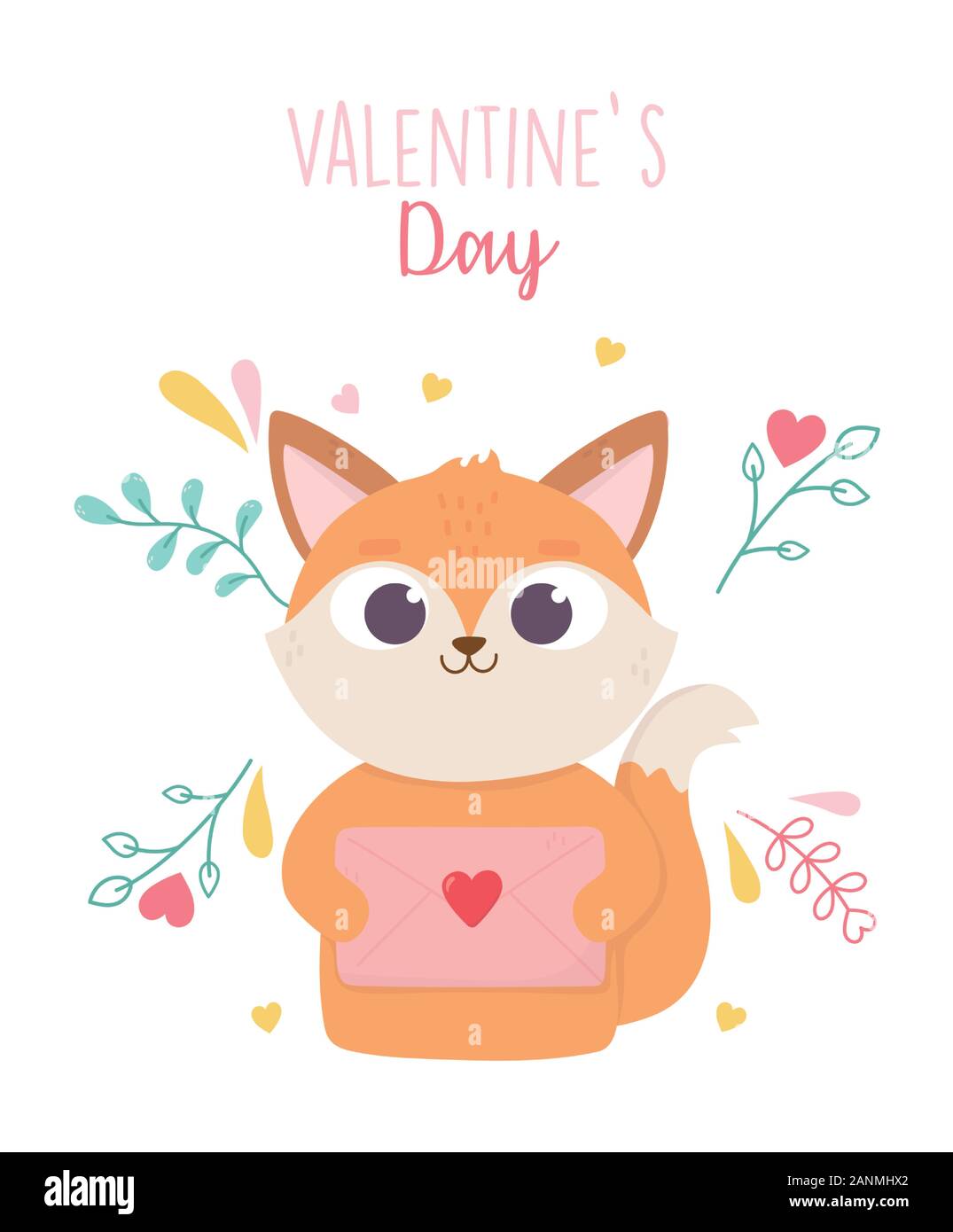 happy valentines day, cute fox with envelope letter flowers foliage ...
