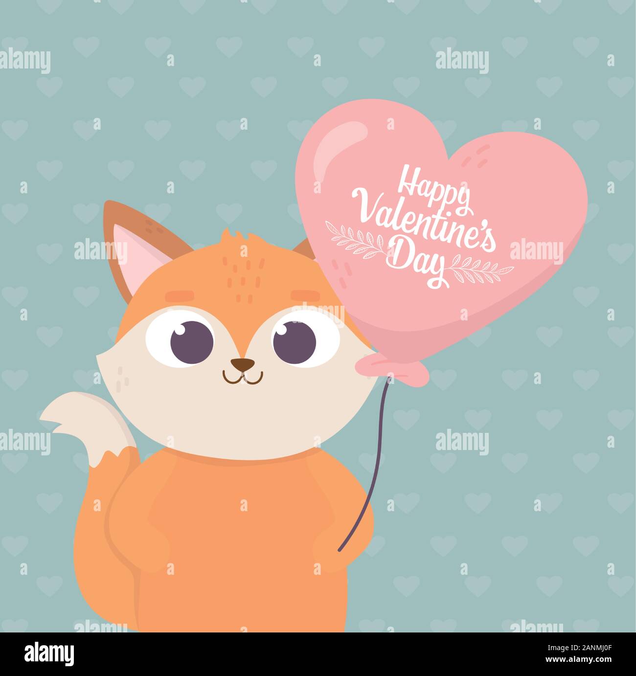 happy valentines day, cute fox with balloon shaped heart love ...