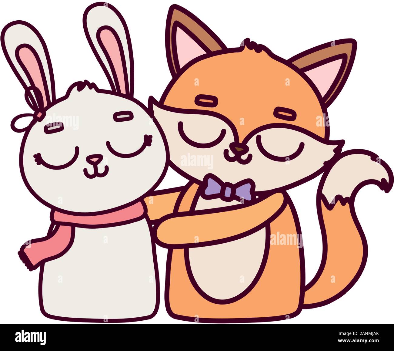 happy valentines day, cute animals fox and rabbit cartoon vector ...