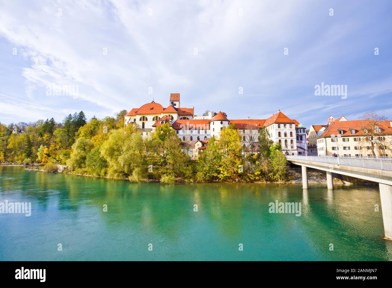 Basilica St. Mang and Lech river in Fussen, Bavaria, Germany. St. Mang ...
