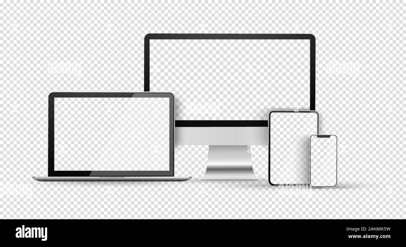 Blank computer monitor, phone, tablet and laptop. Device set with empty ...