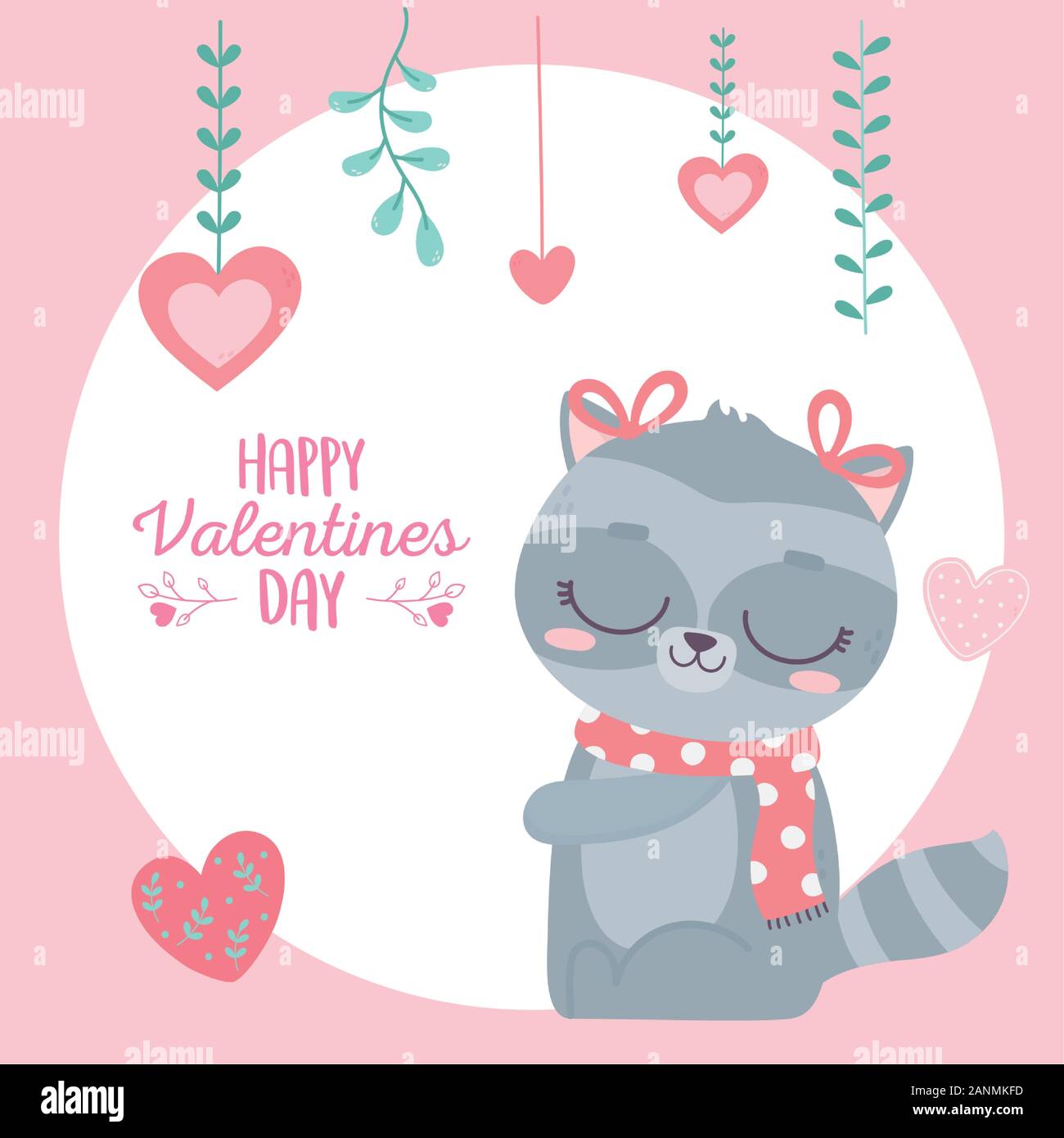 happy valentines day, cute raccoon with bows scarf hearts love romantic ...