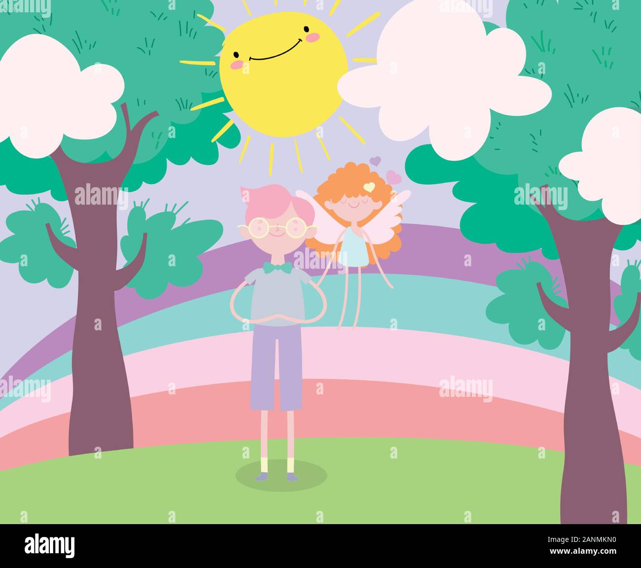 happy valentines day, young man and little cupid rainbow trees sun ...