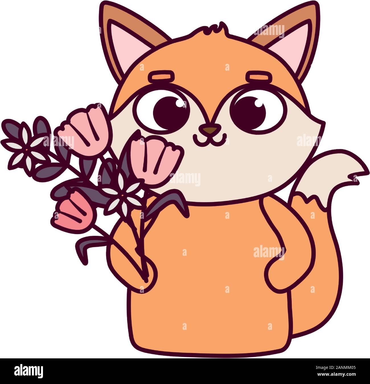 happy valentines day, cute fox cartoon with flowers decoration ...