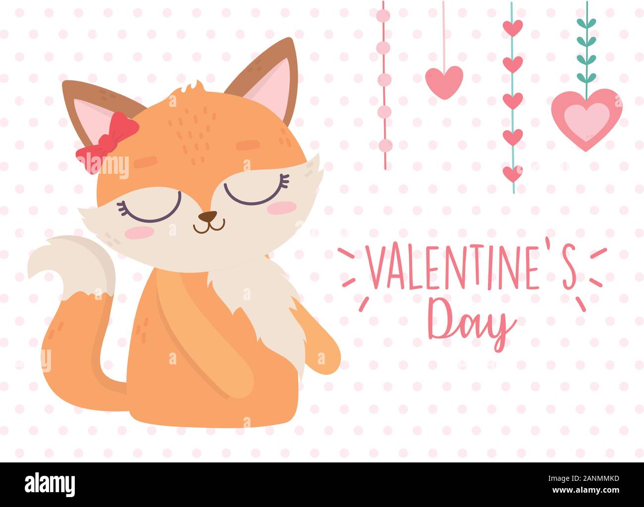happy valentines day, cute female fox hanging hearts love celebration ...