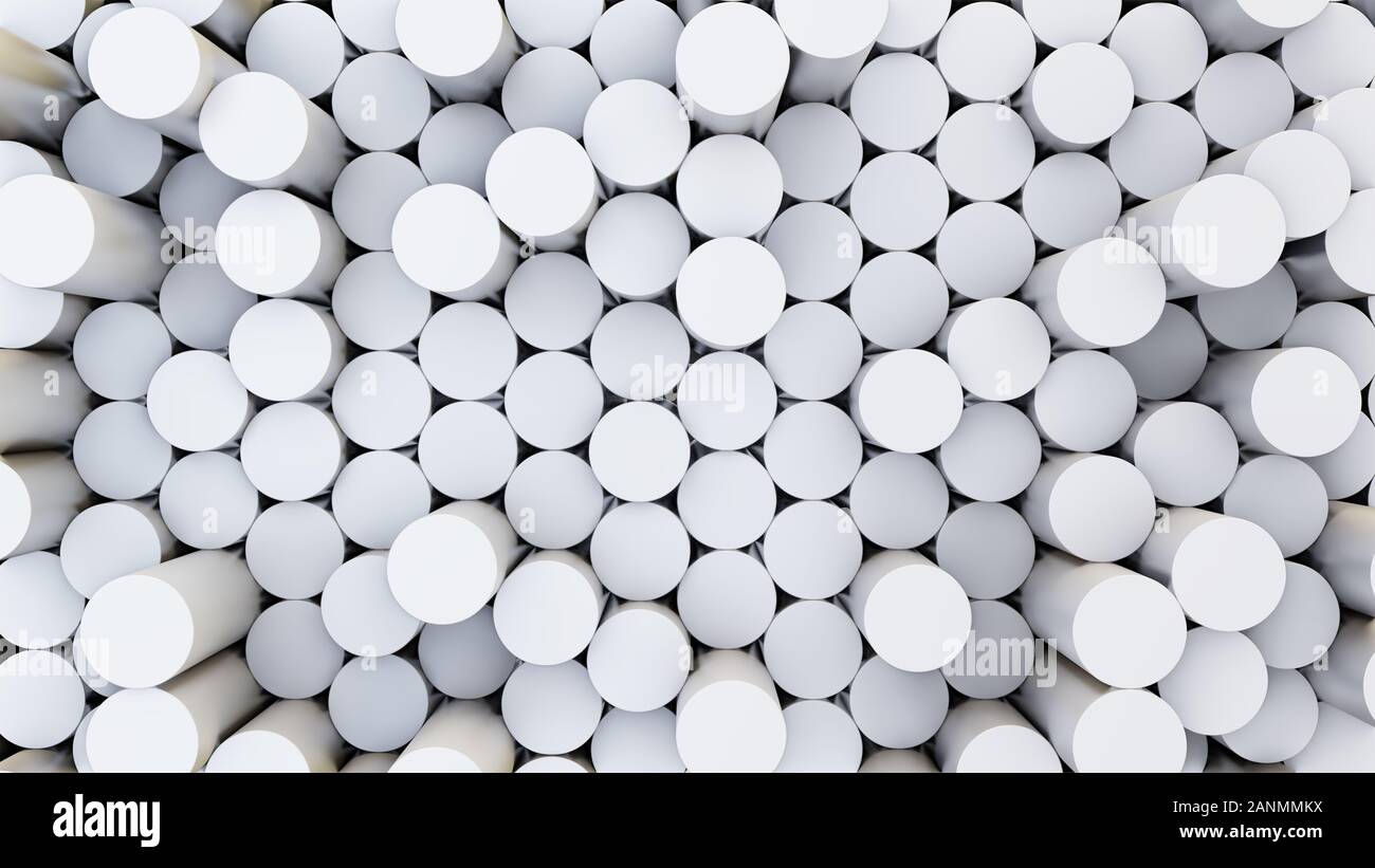 Abstract 3D illustration of white cylinders background. Random displacement. Good background ...