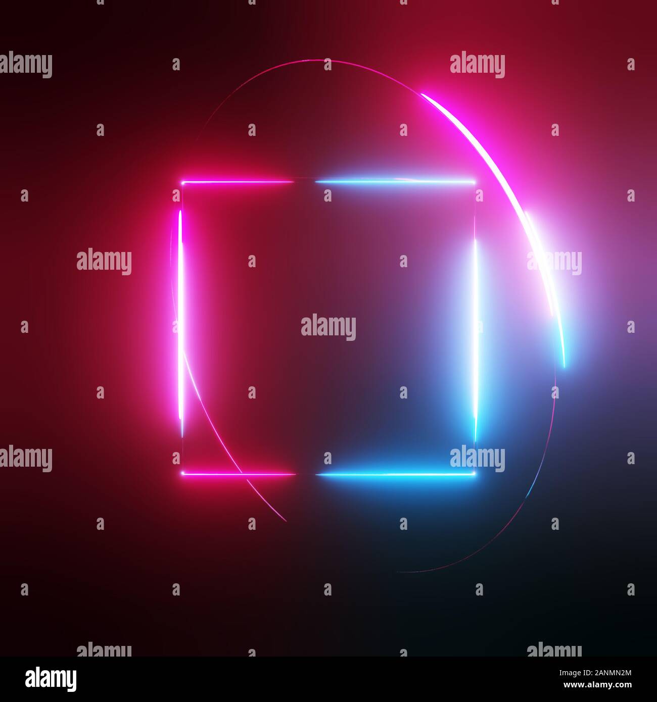 Neon light circle and square frames on dark background. 3D illustration ...