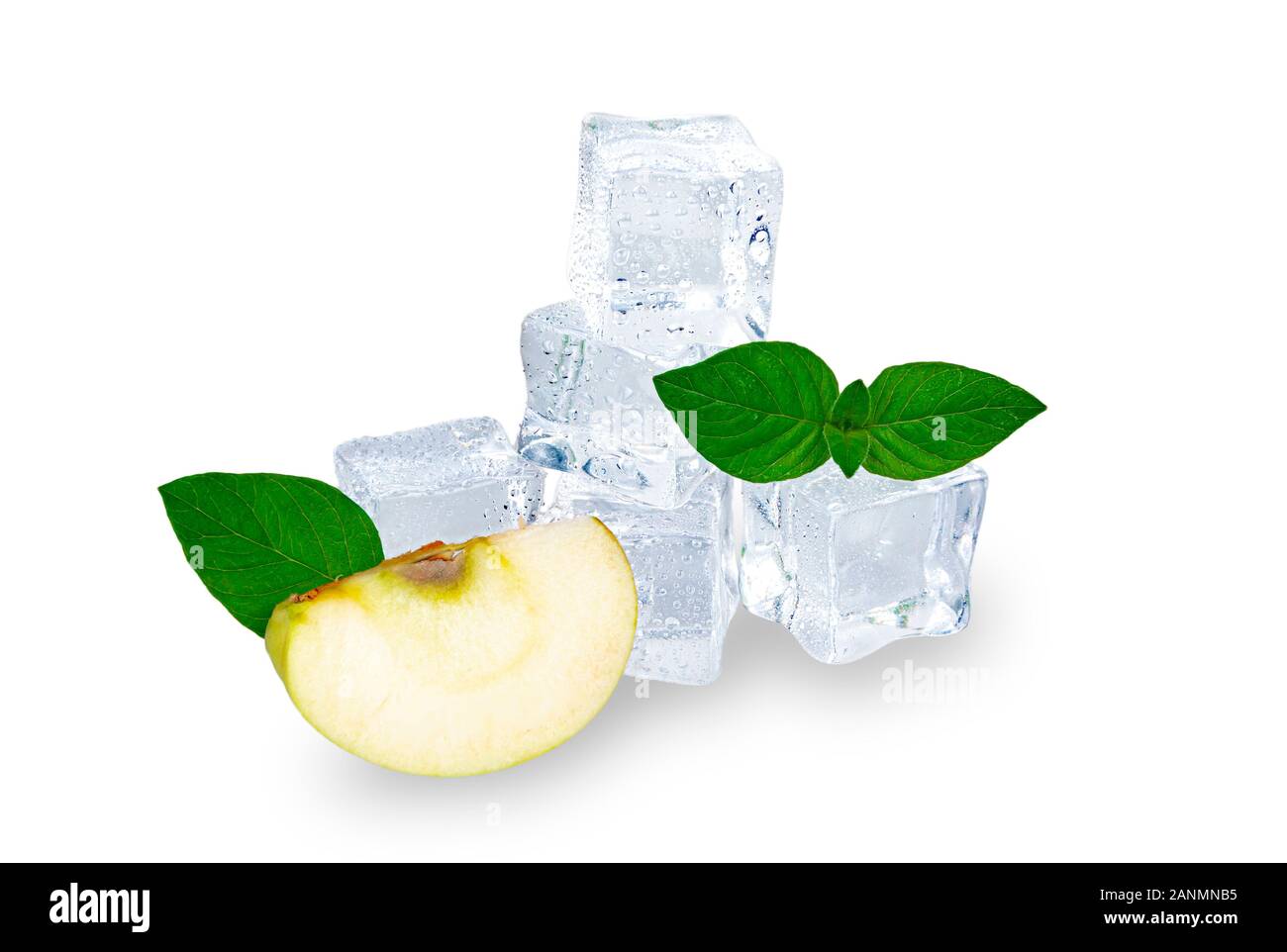 Apple slice with ice cubes on a white background Stock Photo - Alamy