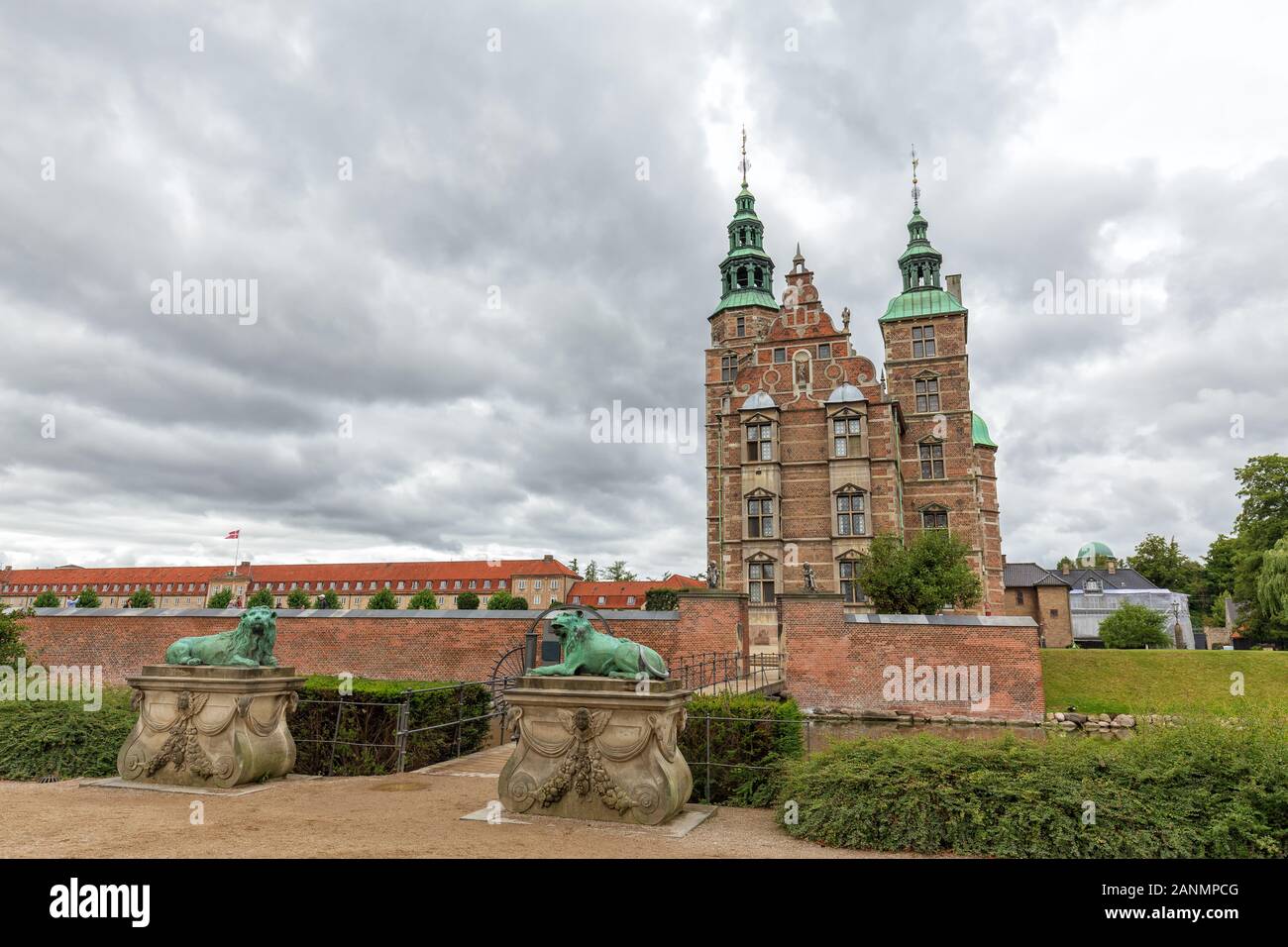 Wide angle view of Rosenborg Castle and Barracks with two lion ...