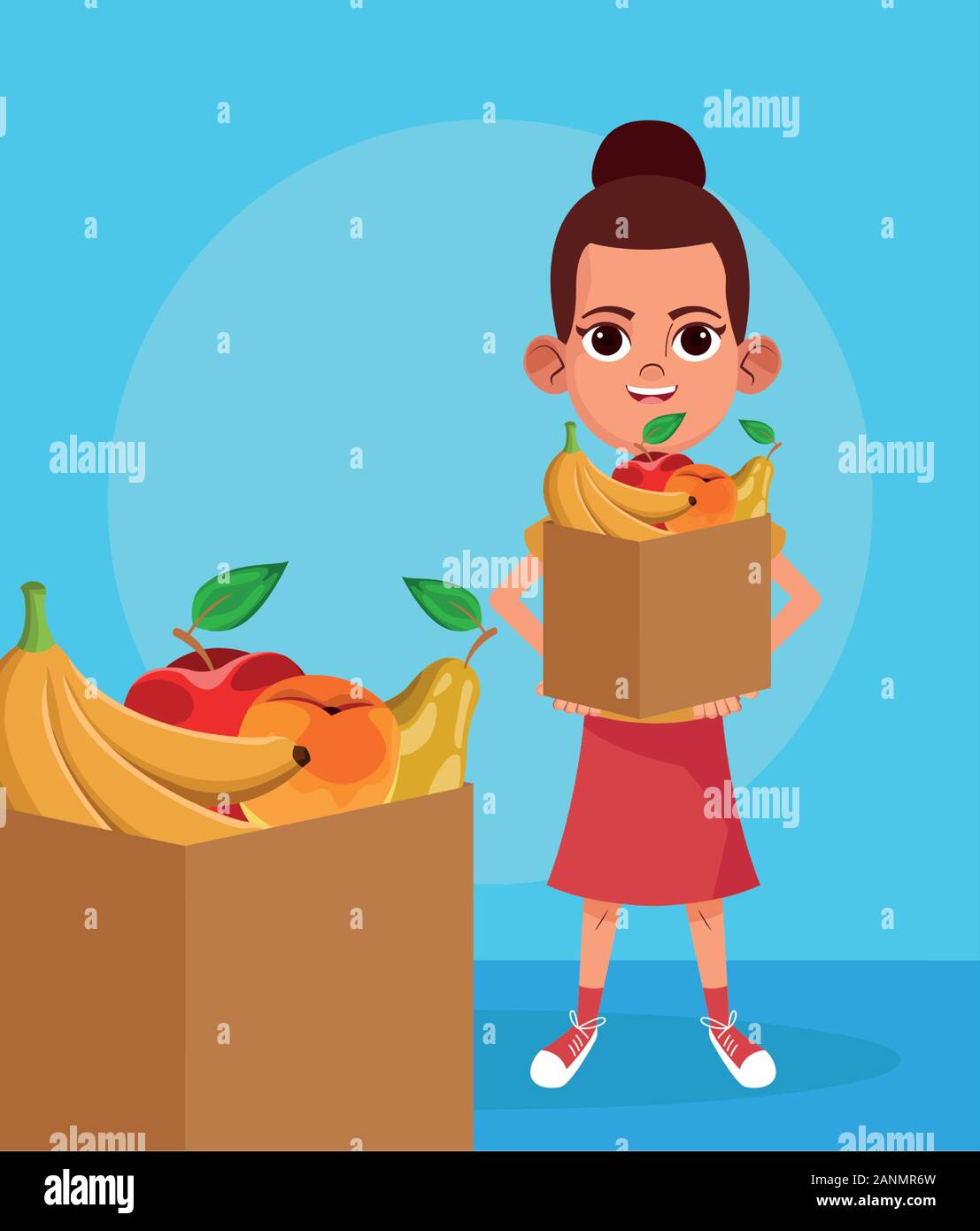 cartoon girl with paper boxes with fruits, colorful design Stock Vector ...