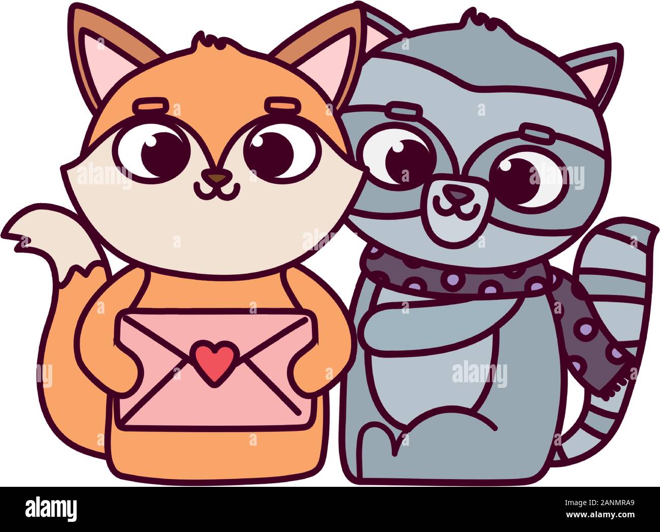 happy valentines day, cute animals raccoon and fox with message love ...