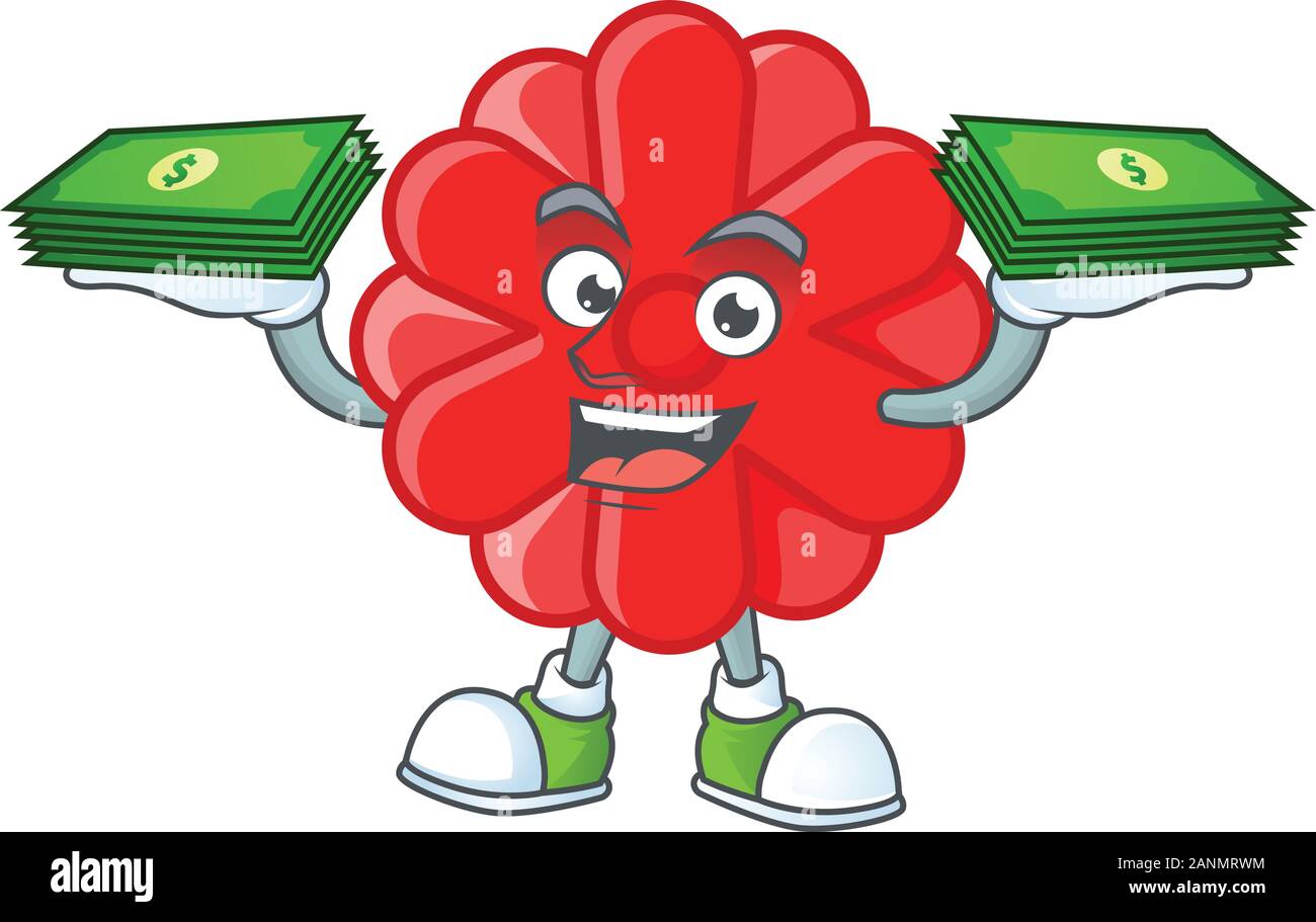 happy rich chinese red flower character with money on hands Stock ...
