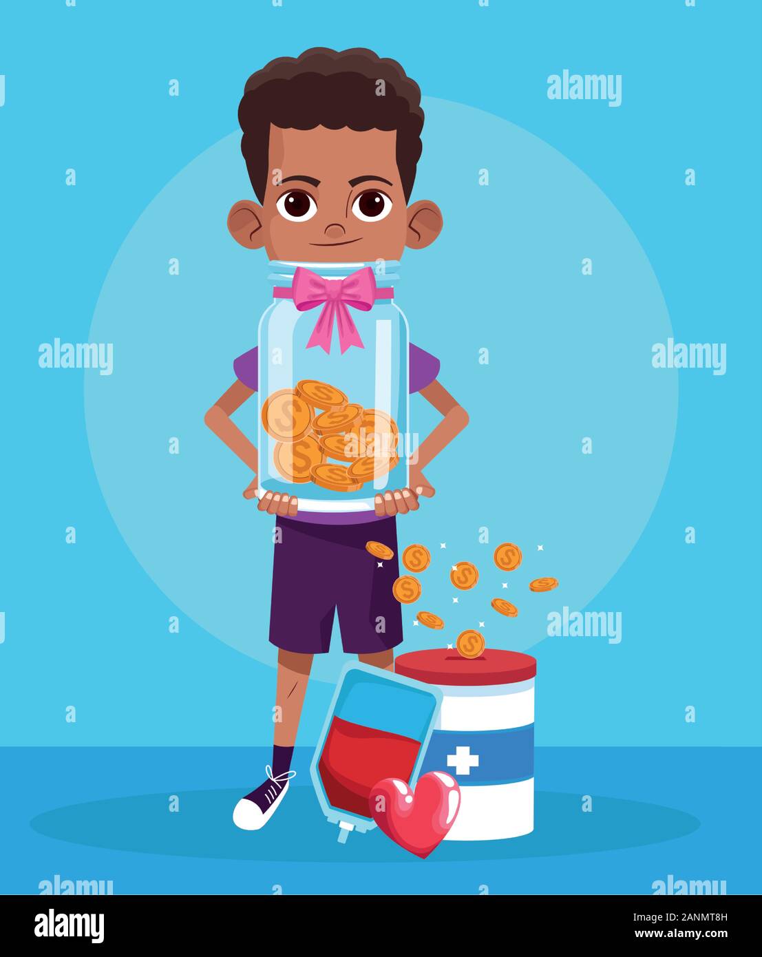 cartoon boy with blood bag, heart and donation tin, colorful design ...