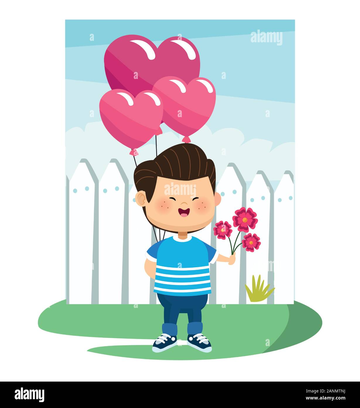 cartoon boy in love holding hearts balloons and flowers Stock Vector ...
